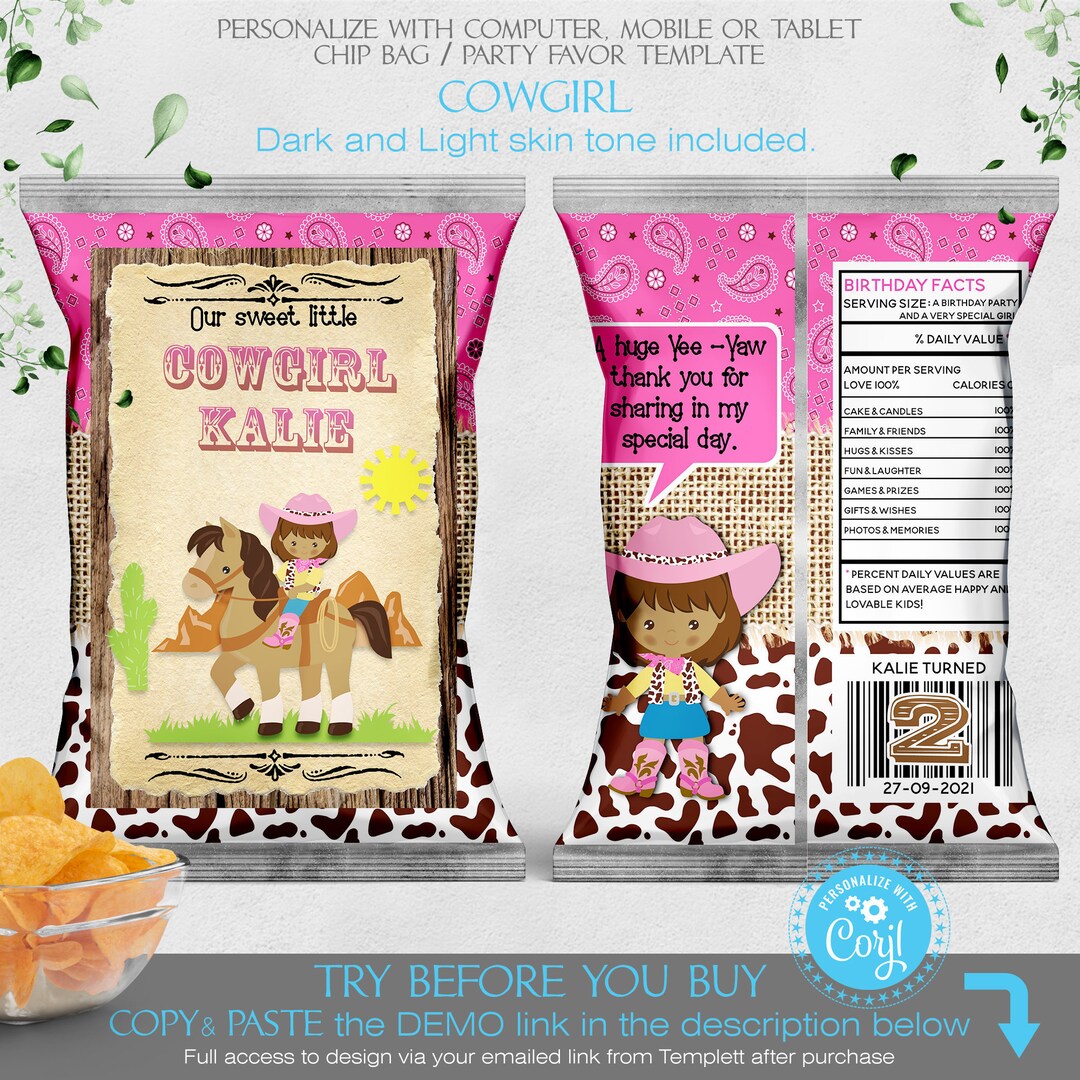 Cowgirl Chip Bag Party Favour, Dark & Light Skin Cowgirl Potatoes Chip ...