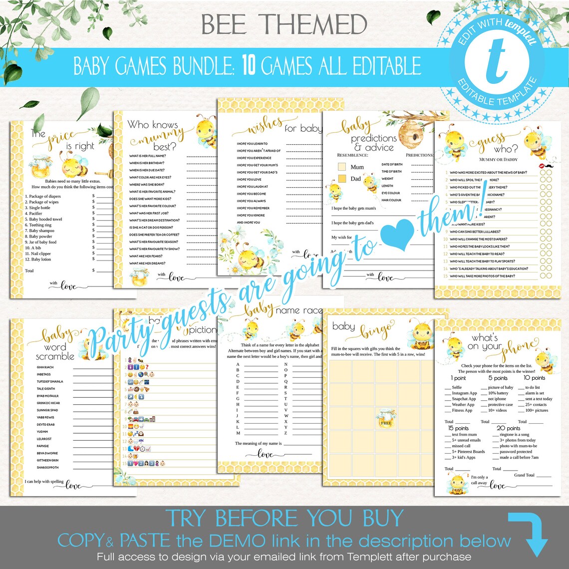 Bee Theme Baby Shower Game: Baby Emoji Pictionary, Bumble Bee Baby ...