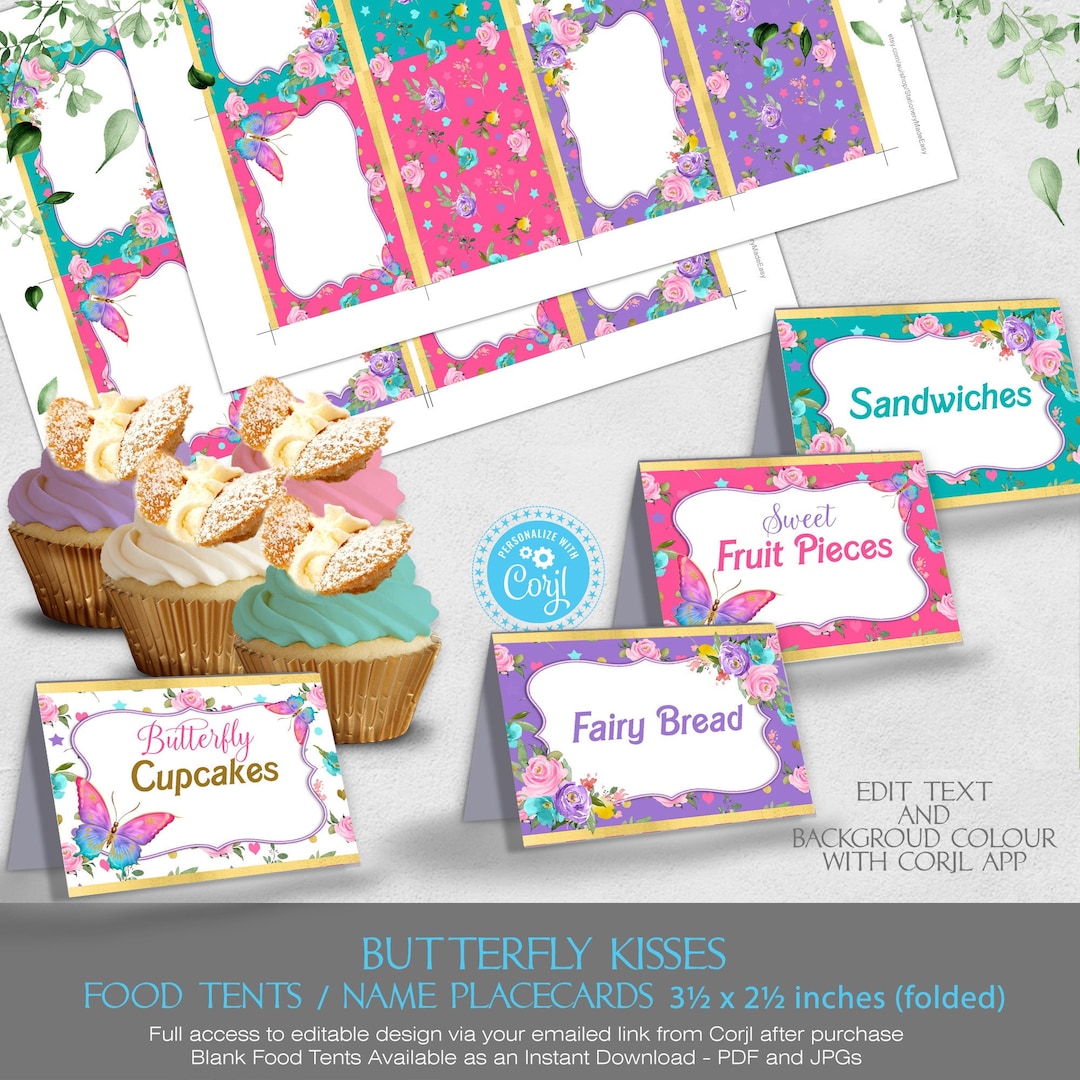 EDITABLE Butterfly Food Labels Tents or Name Place Cards Girls Floral ...