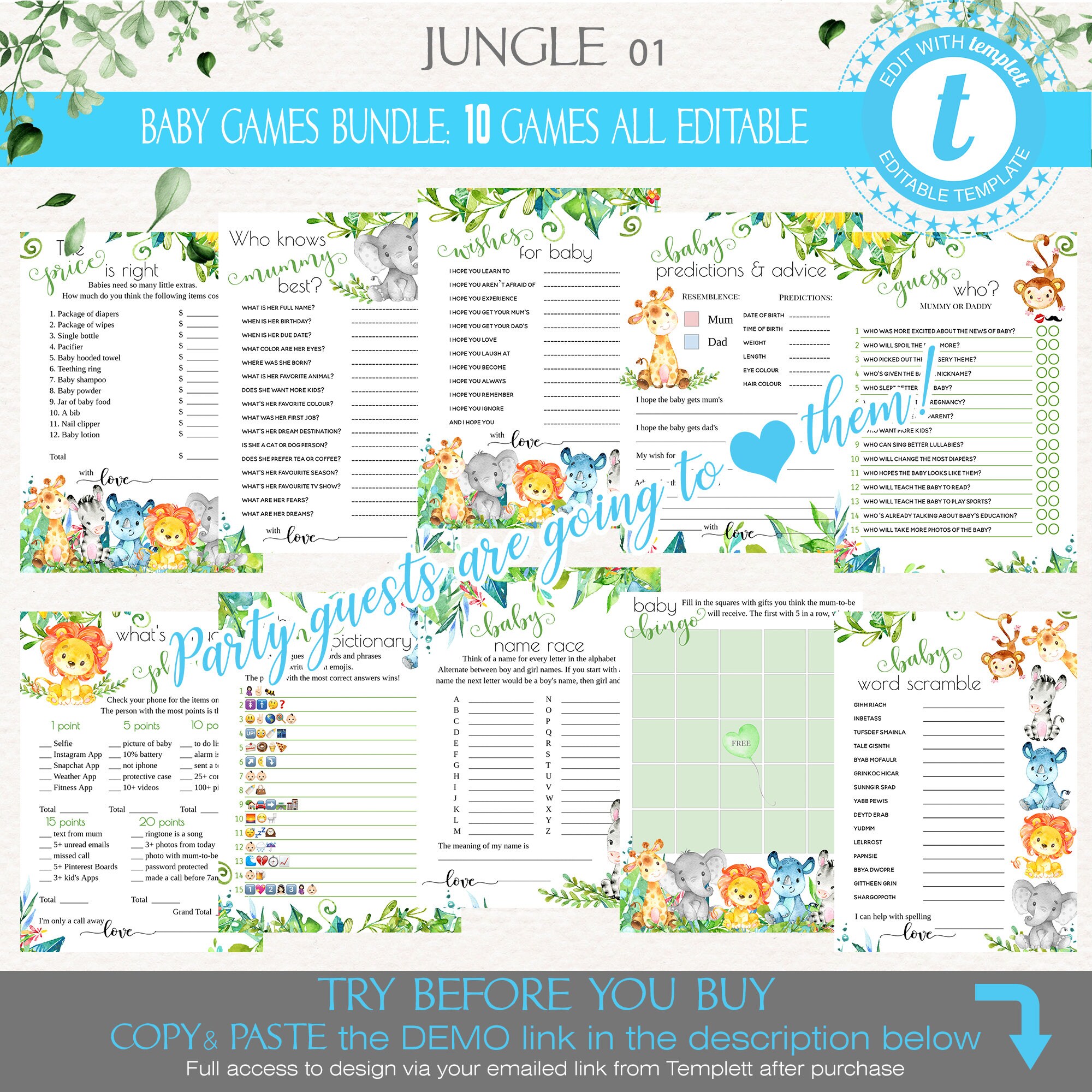 Editable Baby Shower Game: Baby Word Scramble Cute Jungle | Etsy