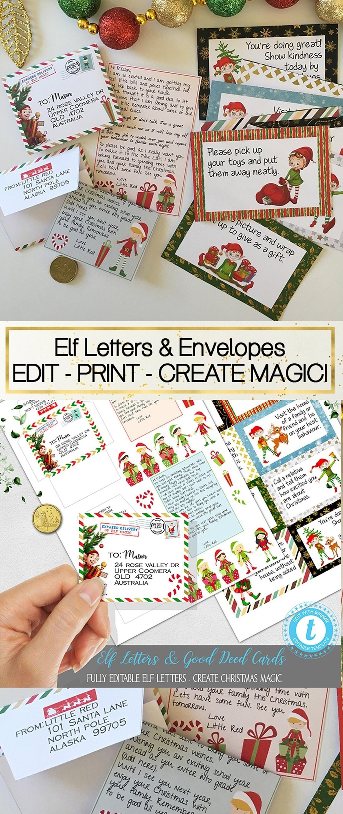 Editable Elf Kit Letter Elf Good Deed Cards and Envelope - Etsy