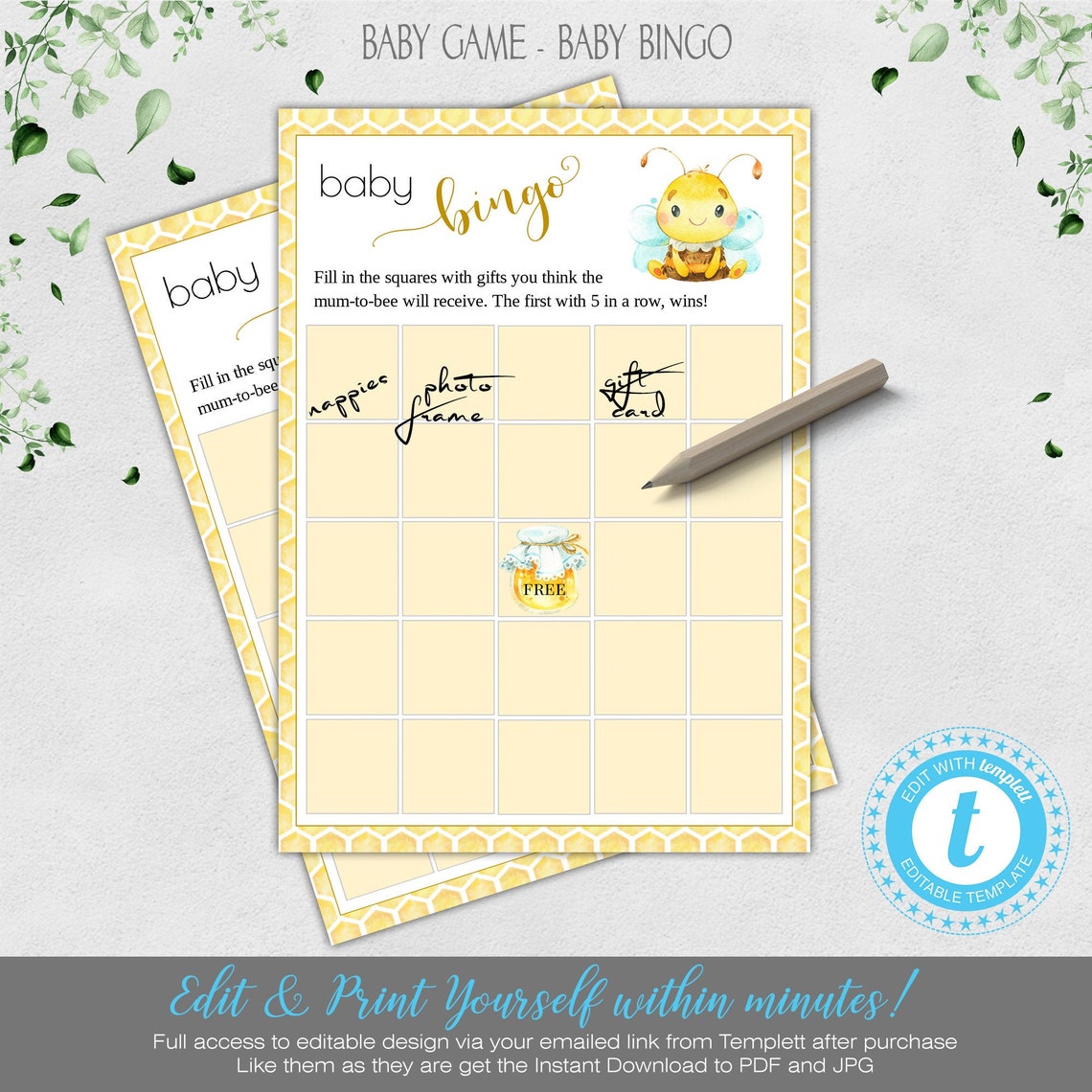 Bee Theme Baby Shower Game: Baby Bingo Card Bumble Bee Baby - Etsy