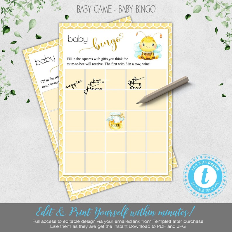 Bee Theme Baby Shower Game: Baby Bingo Card, Bumble Bee Baby Shower ...