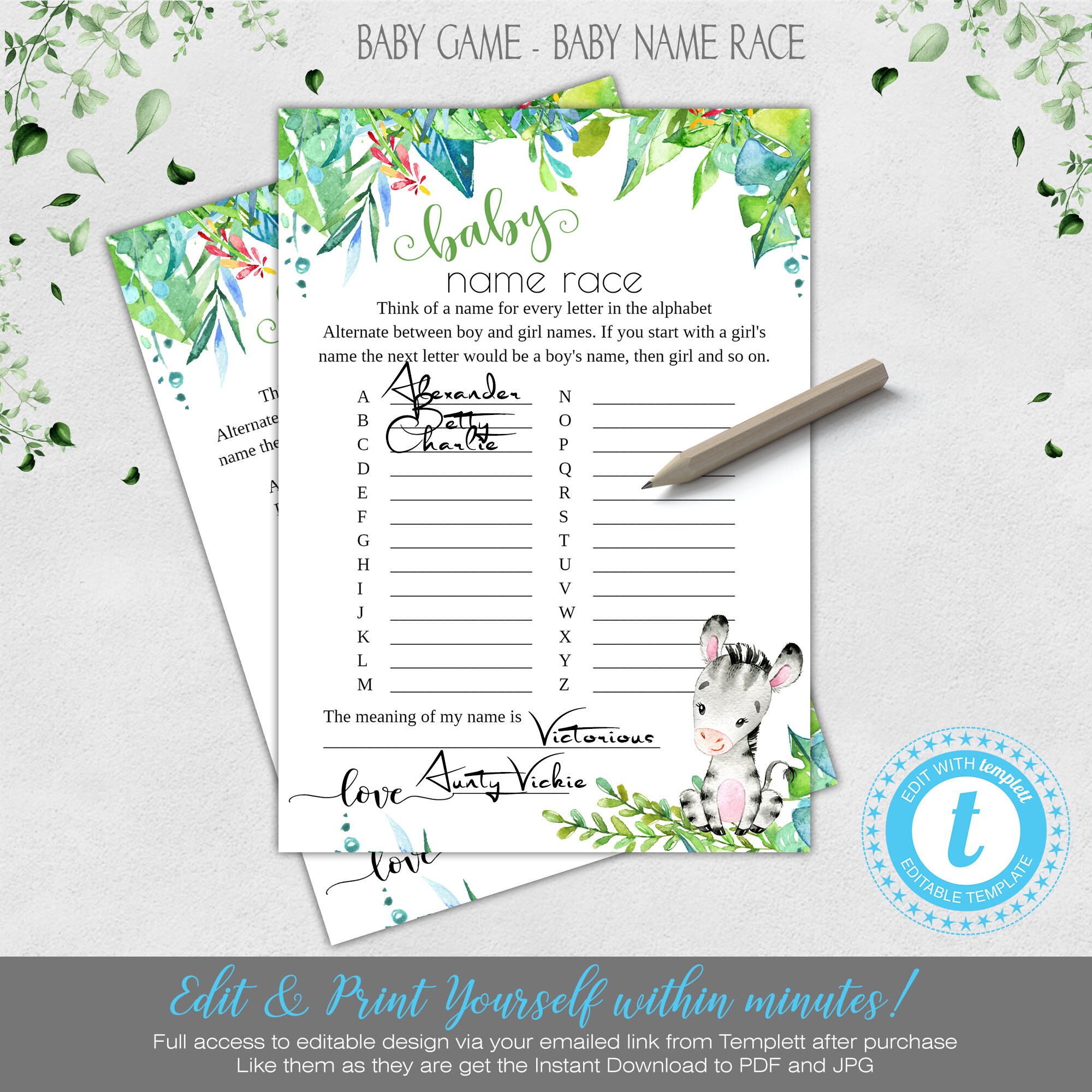 Baby Safari Animals Baby Shower Game: Baby Name Race, Edit DIY ...