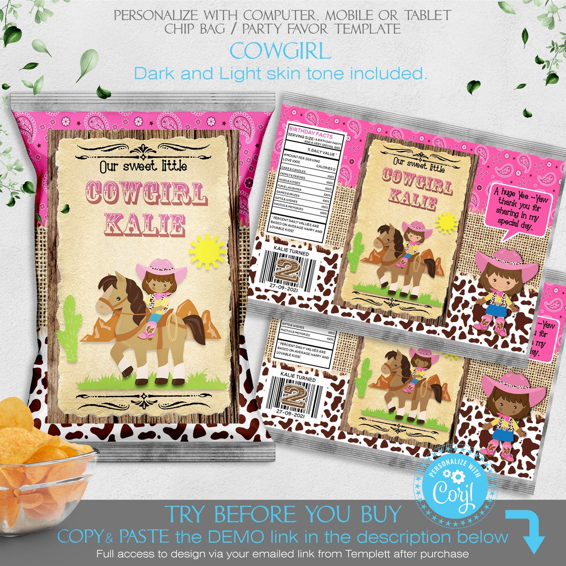 Cowgirl Chip Bag Party Favour, Dark & Light Skin Cowgirl Potatoes Chip ...