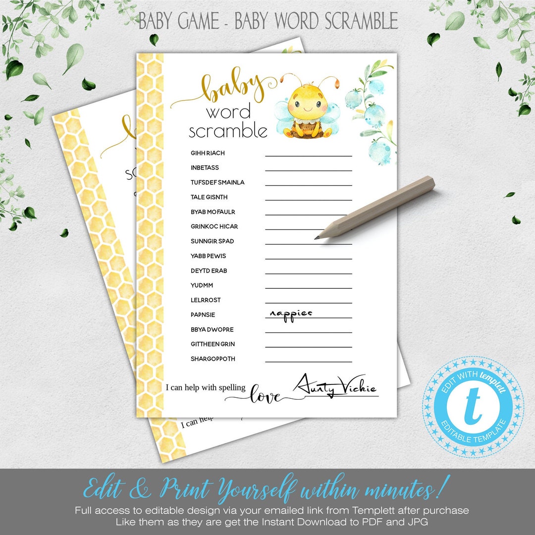 Bee Theme Baby Shower Game: Baby Word Scramble, Bumble Bee Baby Shower ...