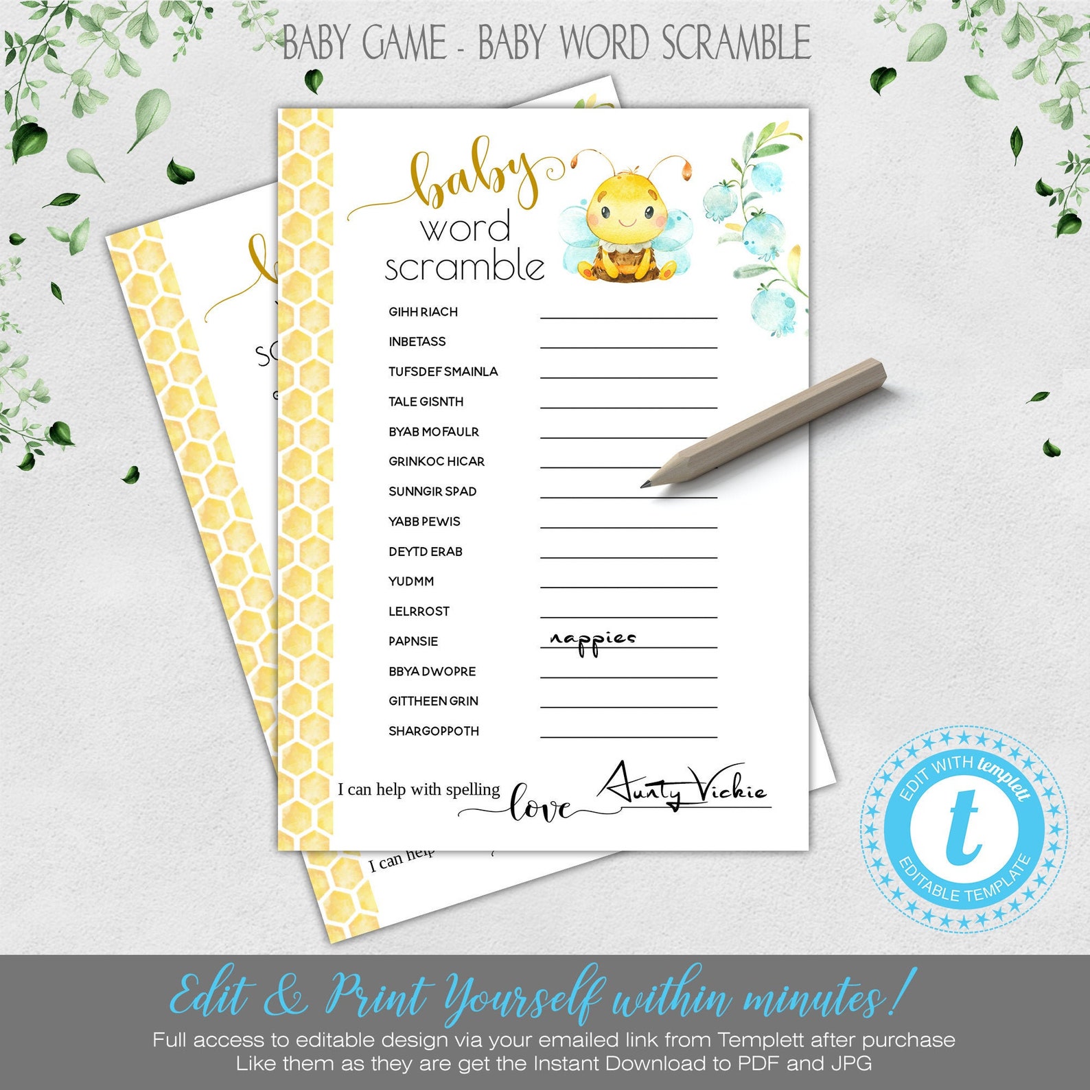 Bee Theme Baby Shower Game: Baby Word Scramble Bumble Bee - Etsy