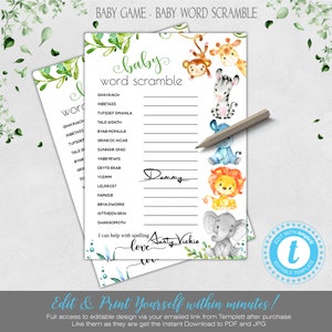 Editable Baby Shower Game: Baby Word Scramble, Cute Jungle Animals ...