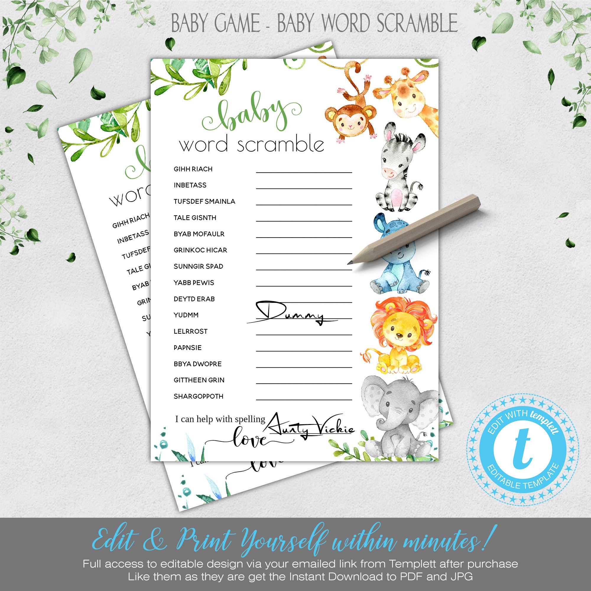 Editable Baby Shower Game: Baby word scramble Cute Jungle | Etsy