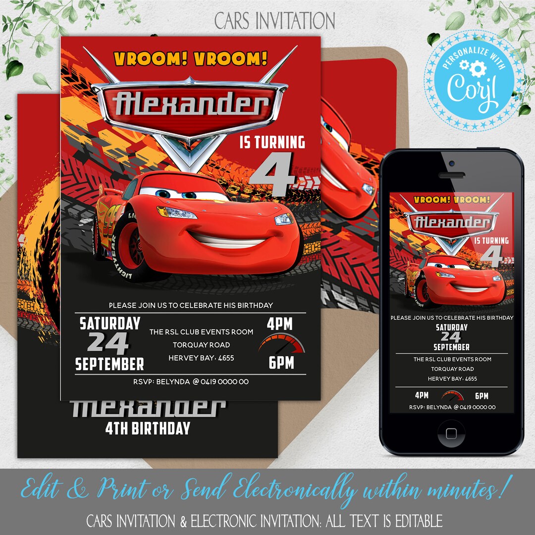 Cars Birthday Invitation or Evite | Racing Car Mcqueen Party Invite ...