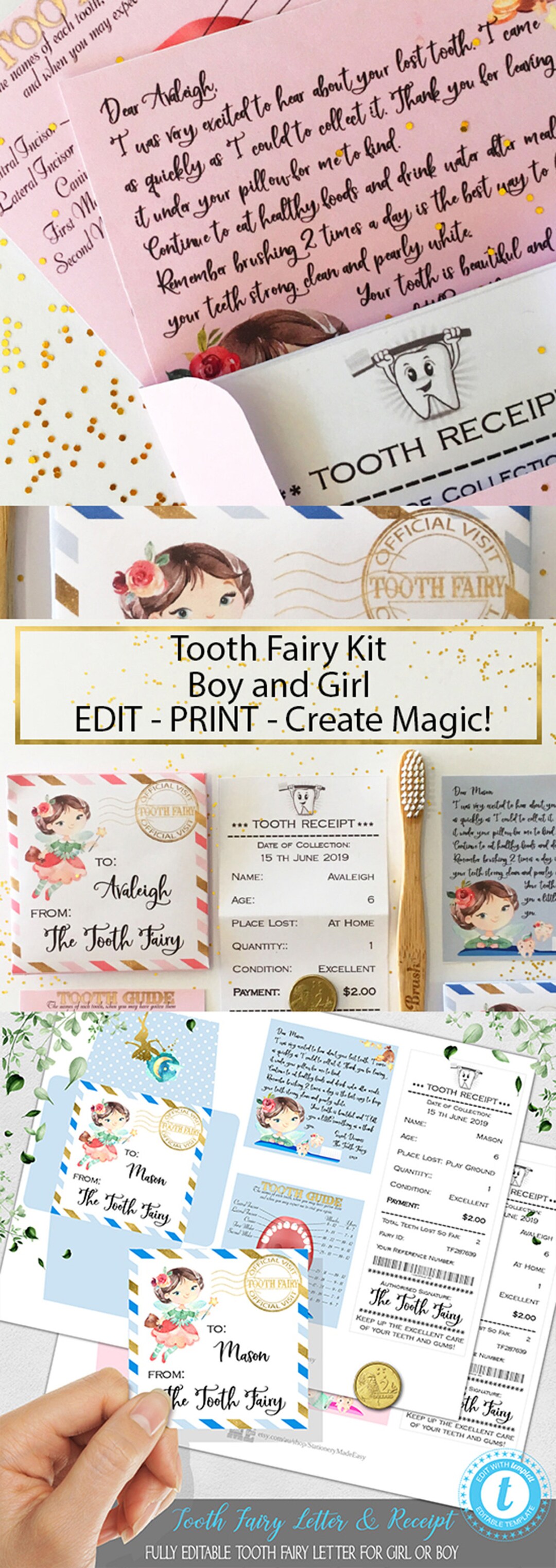 Editable Tooth Fairy Kit Letter Pouch Receipt Tooth Guide and Envelope ...