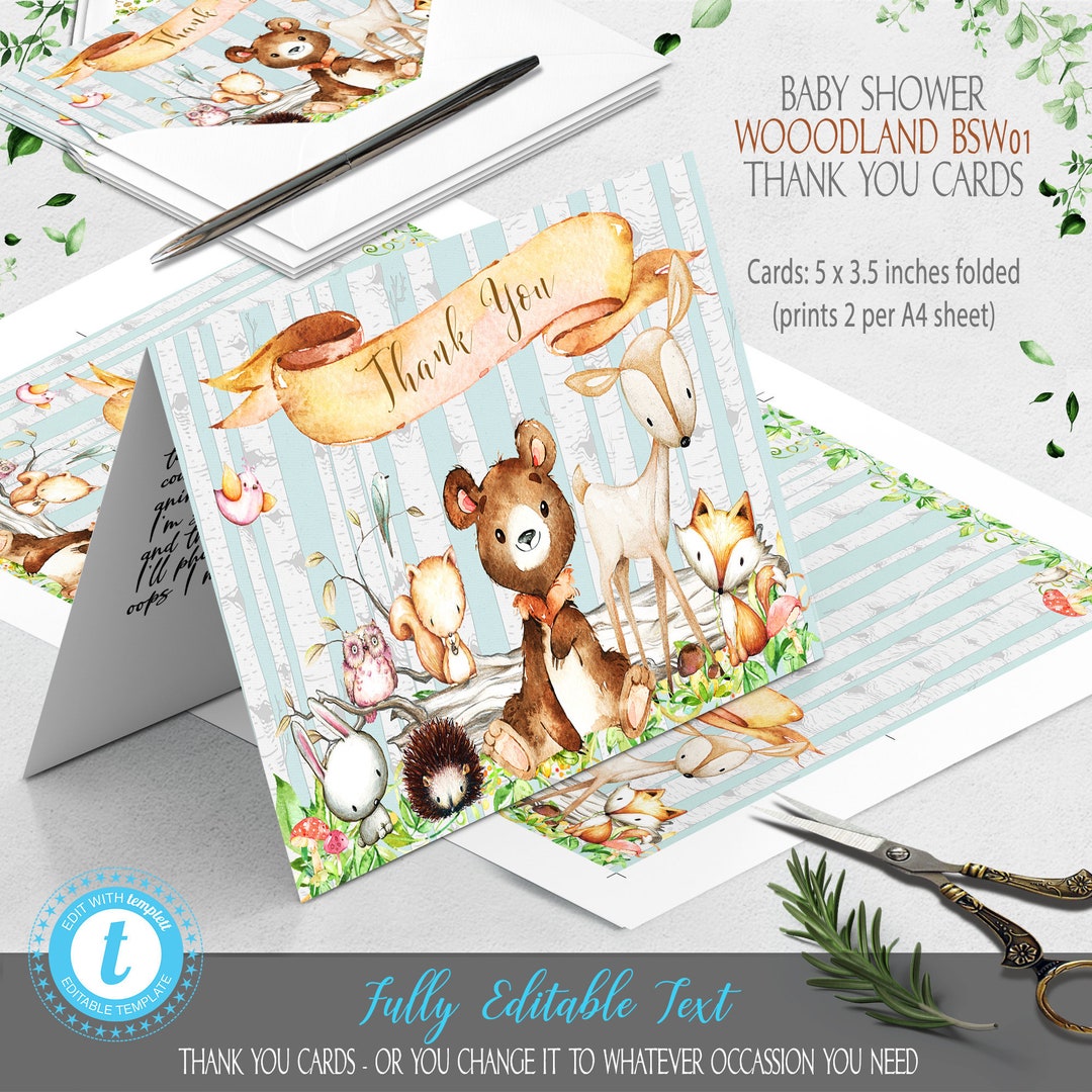 Woodland Thank You Fold Card, Greenery Woodland Forest Animals Deer Fox ...