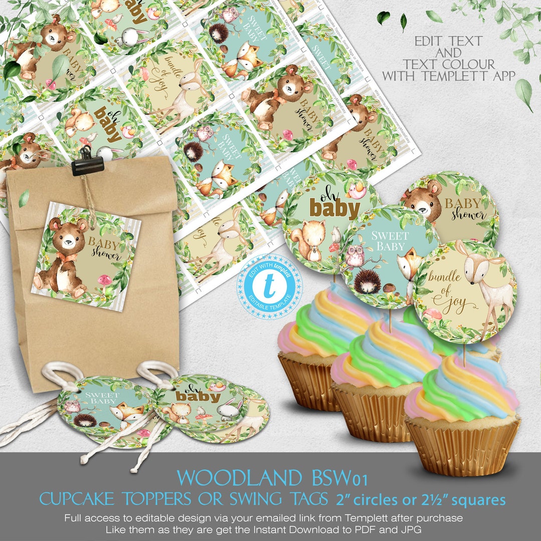 4 Cupcake Toppers Woodland Animals, Forest Swing Tags or Stickers, Deer ...
