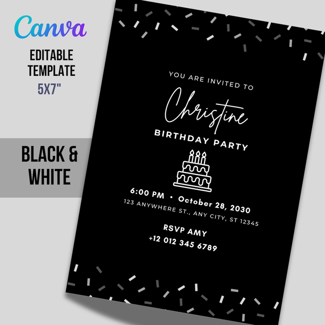 Black & White Birthday Invitation Template | 5x7" Canva Editable (PDF ...