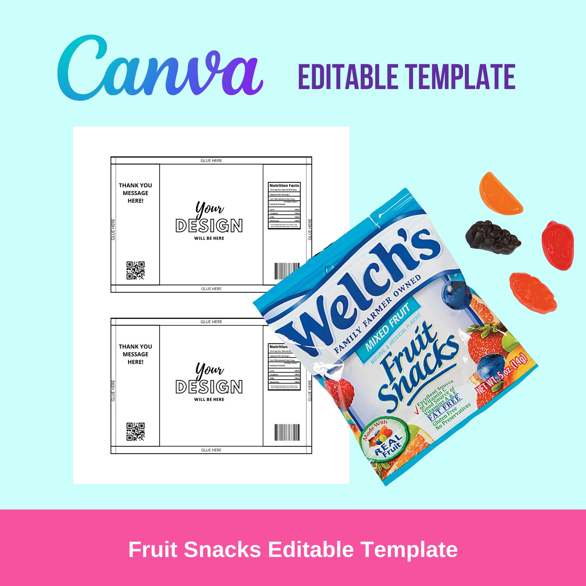 Party Favor Template Fruit Snacks Wrapper Template Editable Canva