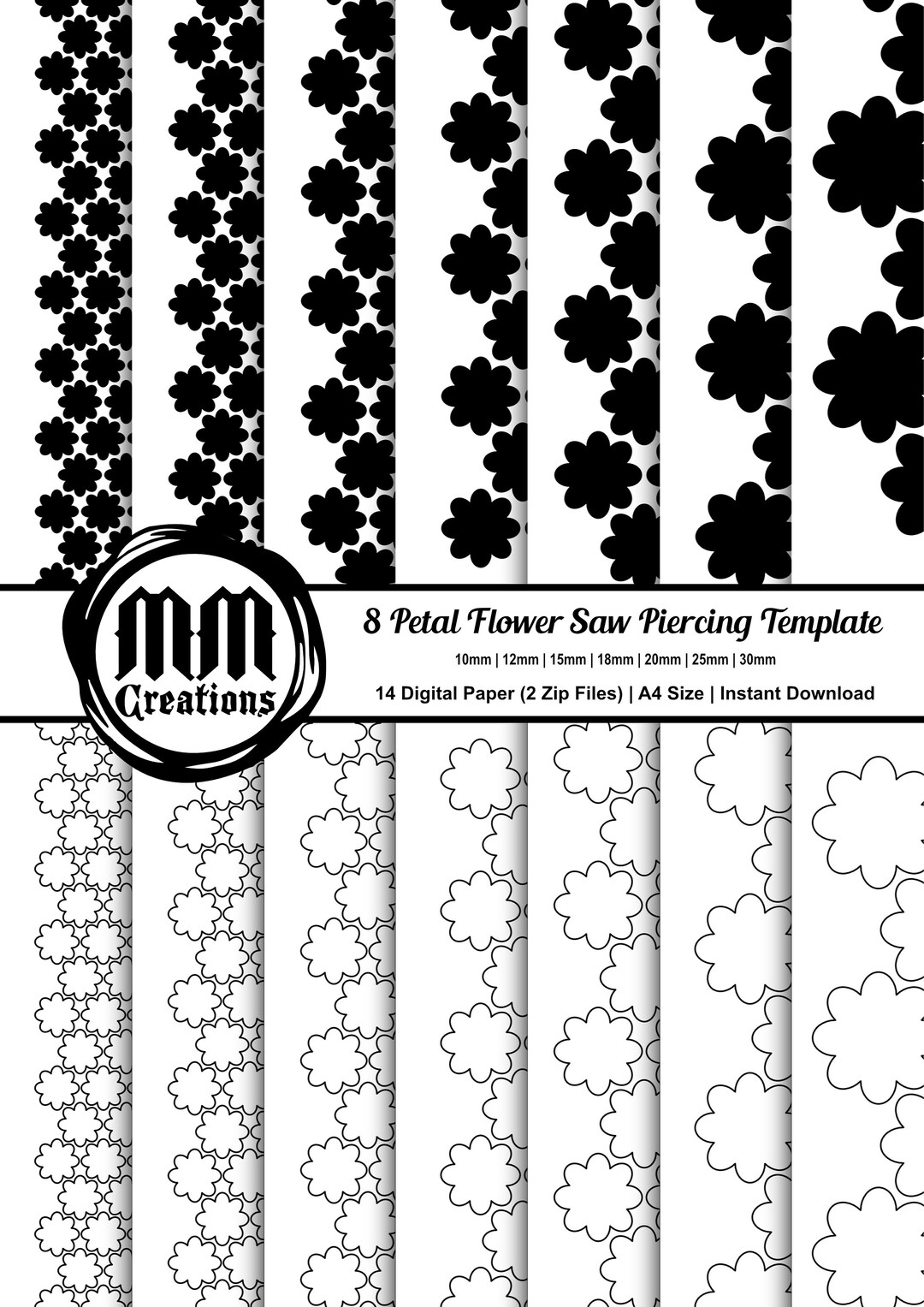8 Petal Flower Saw Piercing Template, 10mm/12mm/15mm/20mm/25mm/30mm, 14 ...