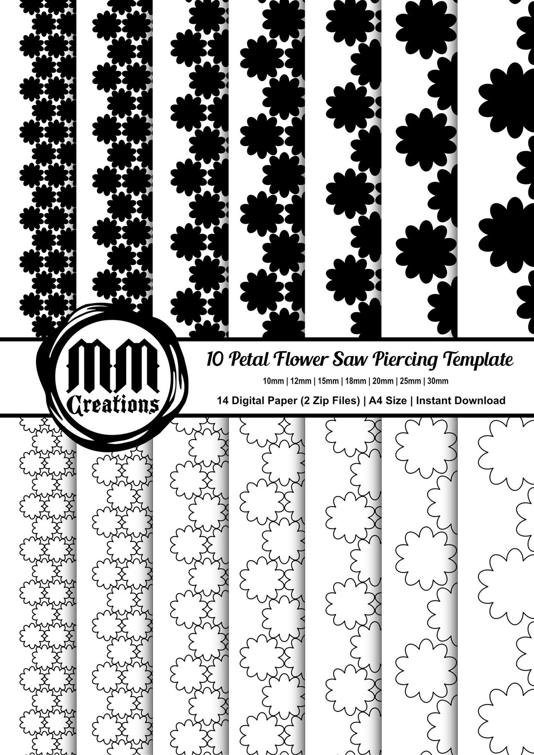 10 Petal Flower Saw Piercing Template, 10mm/12mm/15mm/20mm/25mm/30mm ...