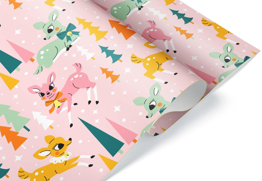 Cute Pink Reindeer Wrapping Paper, Wood Theme Thick Gift Wrap ...