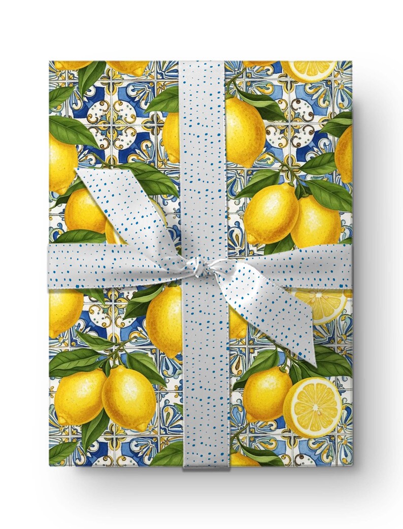 Stunning Lemon Gift Wrap, Blue and White Tile Pattern Wrapping Paper ...