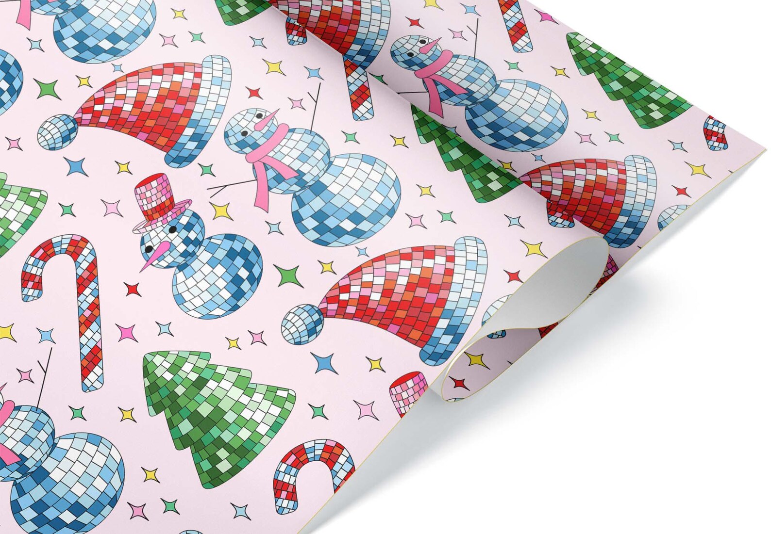 Fun Mirrored Disco Theme Xmas Gift Wrap, Disco Ball Snowman and Candy ...