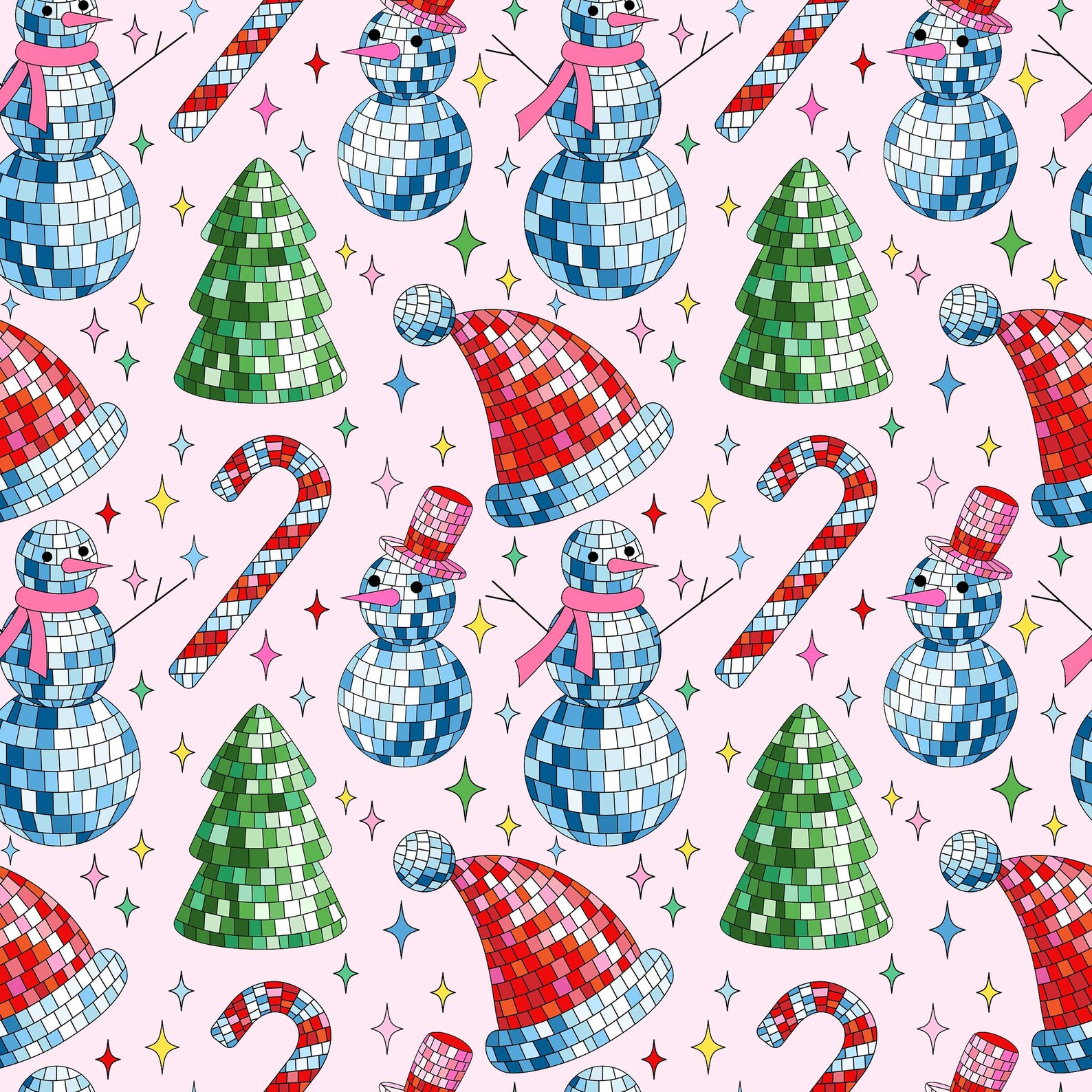 Fun Mirrored Disco Theme Xmas Gift Wrap, Disco Ball Snowman and Candy ...