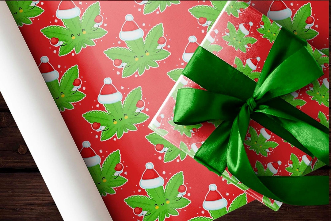 Cartoon Marijuana Pot Leaves Cannabis Christmas Wrapping Paper Roll ...