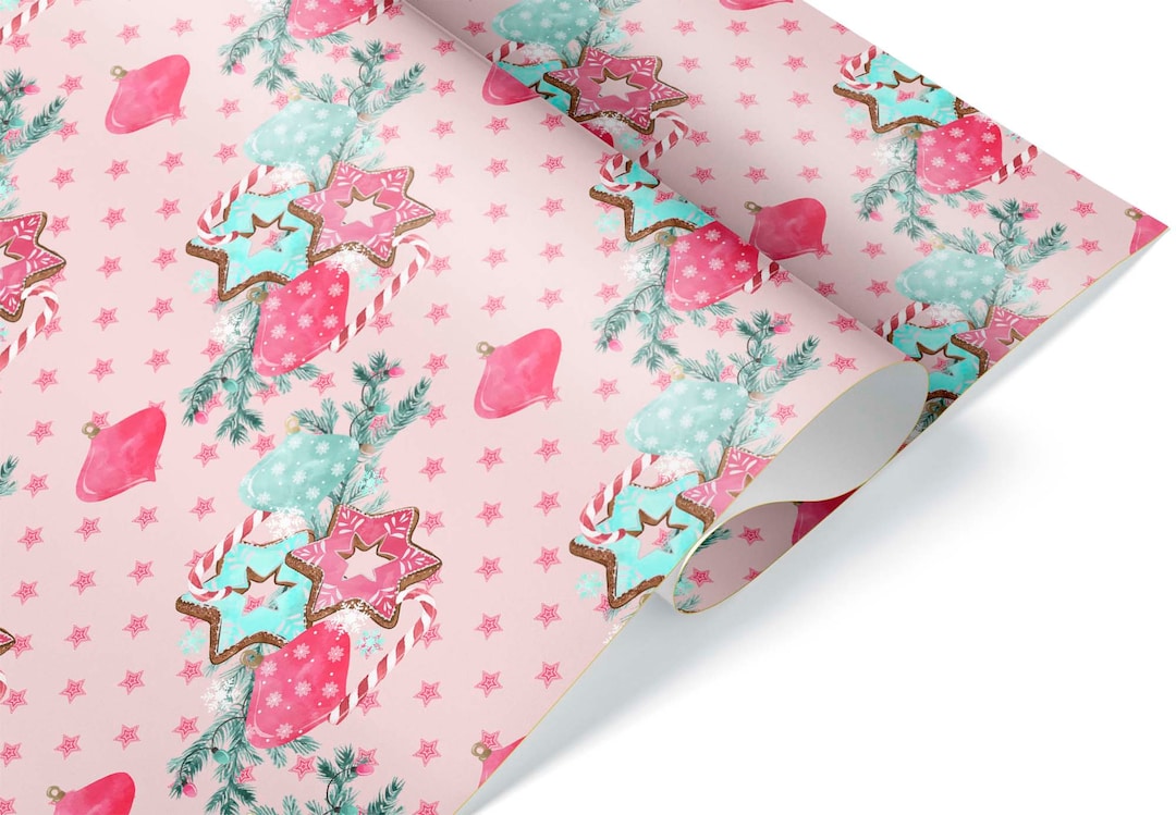 Cute Pink Christmas Wrapping Paper Thick Gingerbread Cookie Gift Wrap ...