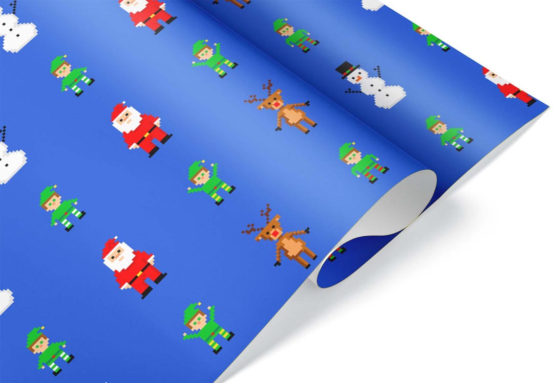 Pixel Christmas Character Wrapping Paper, Santa Rudolph Elf Theme Gift ...