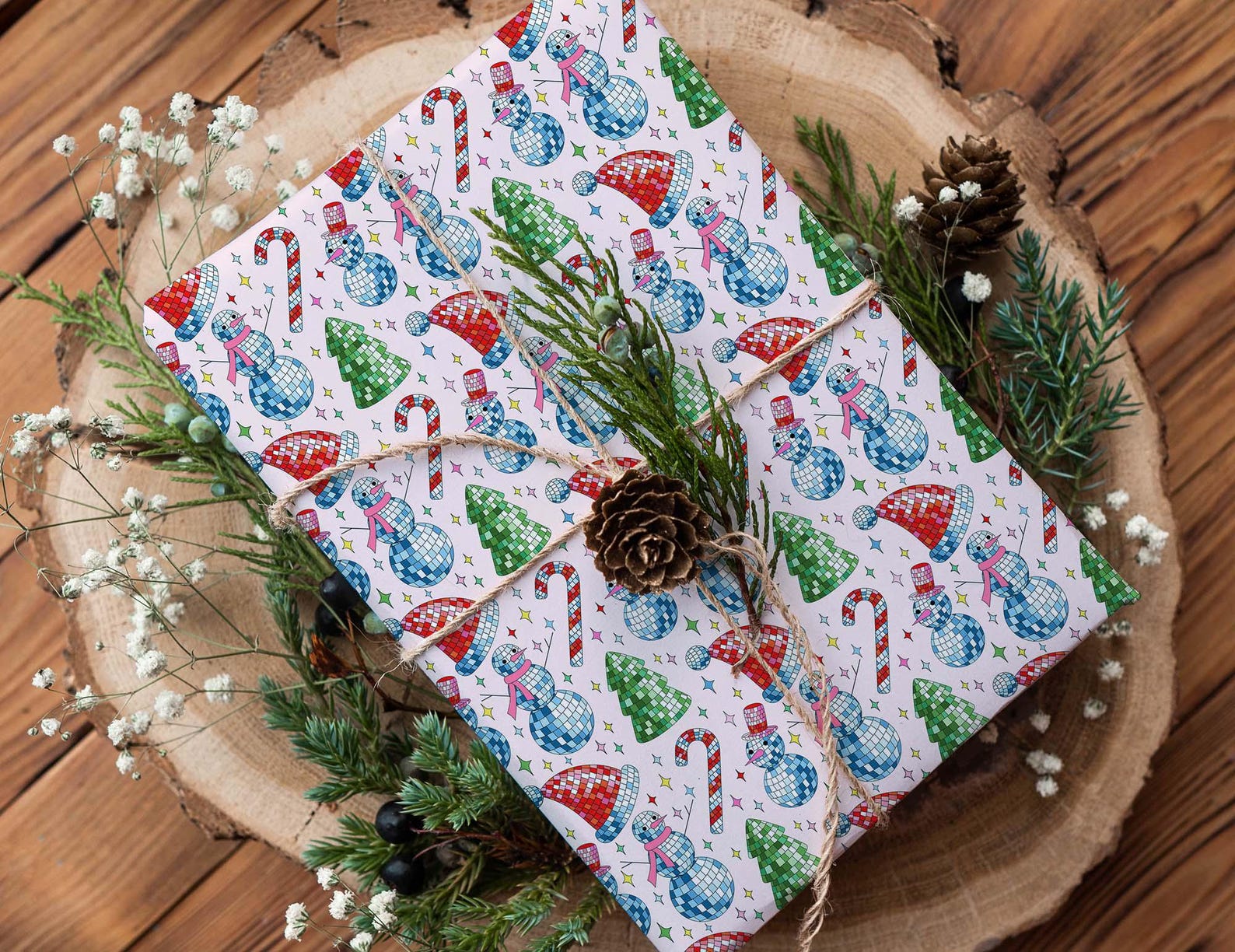 Fun Mirrored Disco Theme Xmas Gift Wrap, Disco Ball Snowman and Candy ...