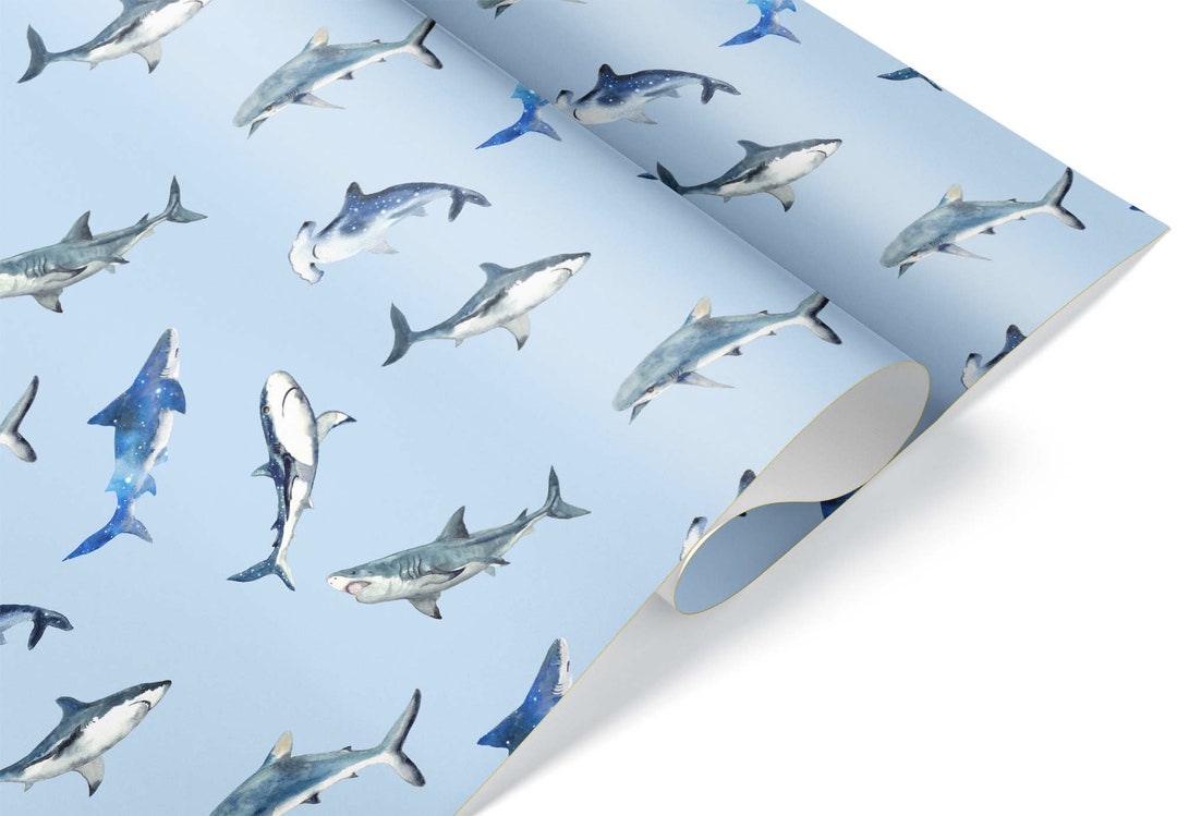Blue Shark Gift Wrap, Ocean Wrapping Paper Roll Sheet, Sea Life ...