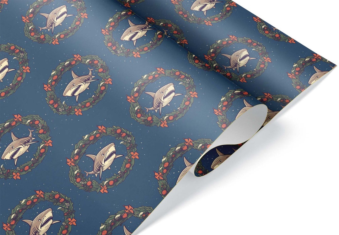 Shark Wreath Christmas Wrapping Paper, Christmas Holiday Gift Wrap ...