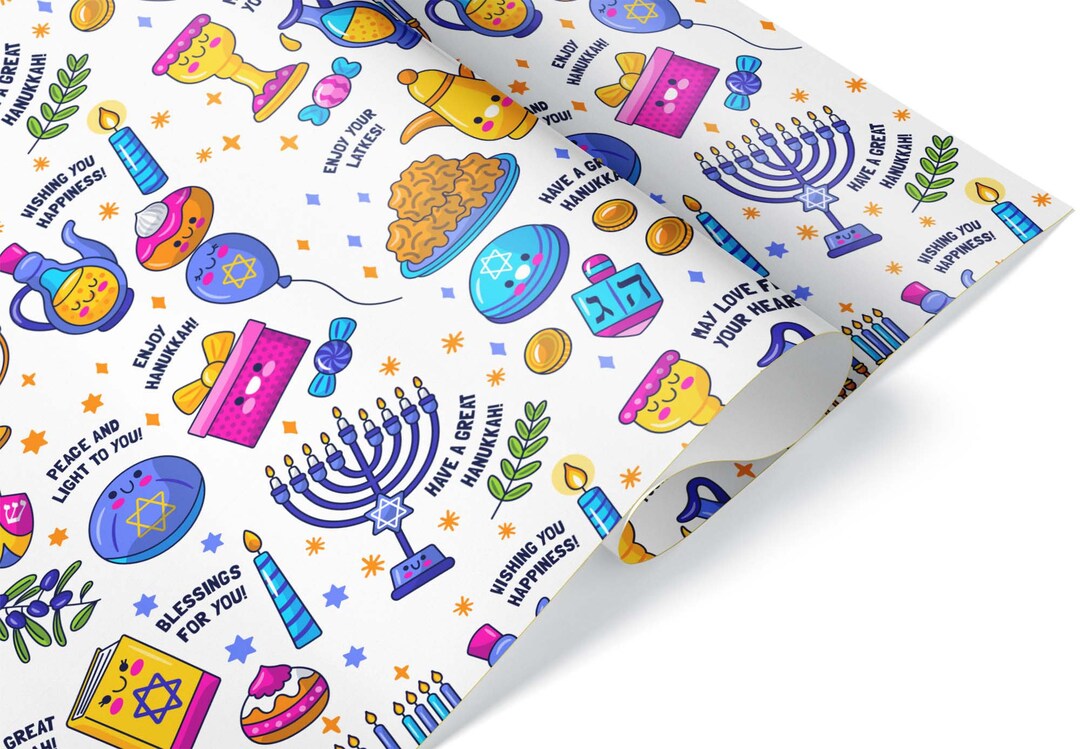 Cute Hanukkah Wrapping Paper for Girl, Kawaii Menorah Holiday Latkes ...