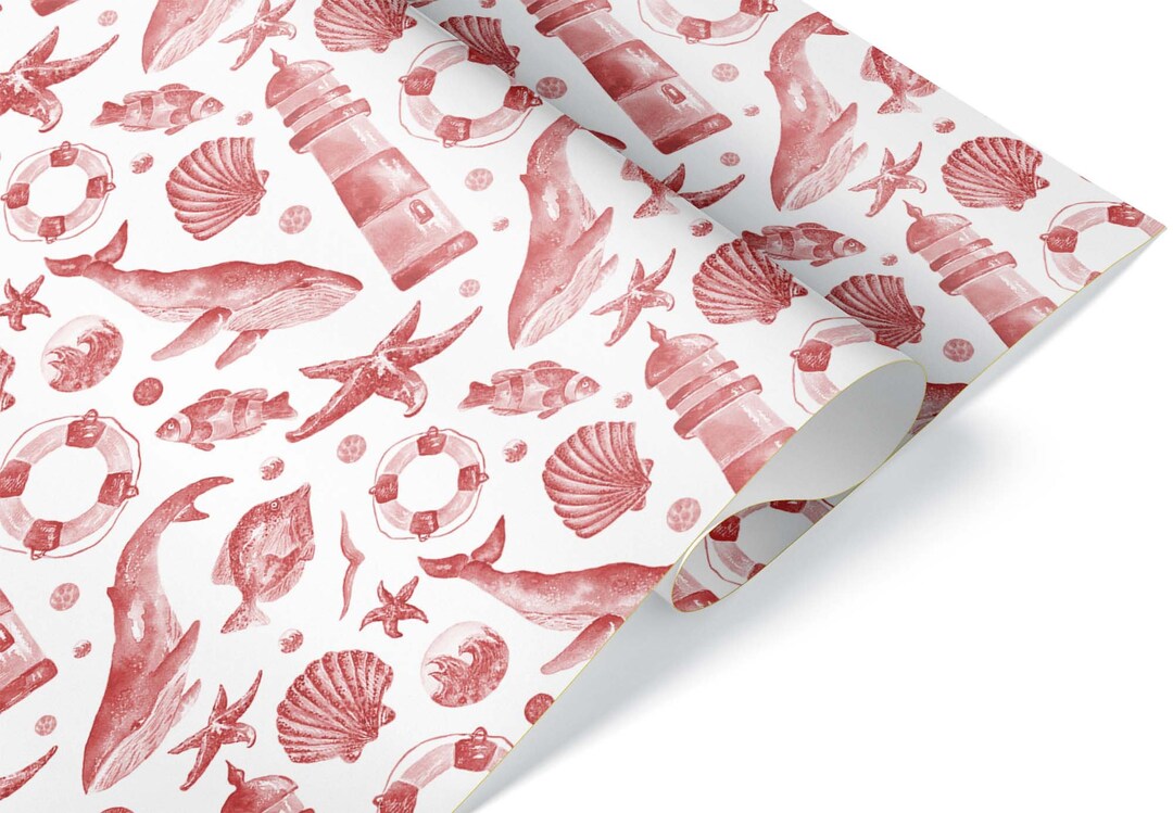 Cute Red Whale Lighthouse Thick Wrapping Paper, Beach Sea Life Premium ...
