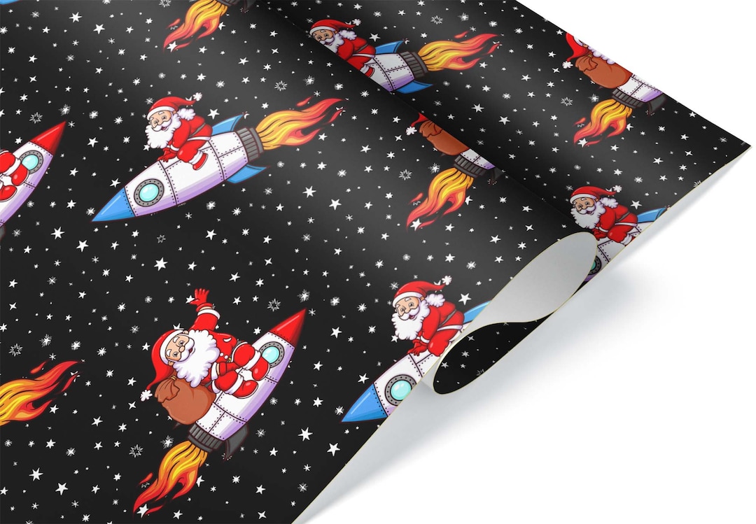 Happy Santa Riding A Rocket Luxury Thick Wrapping Paper, Christmas ...
