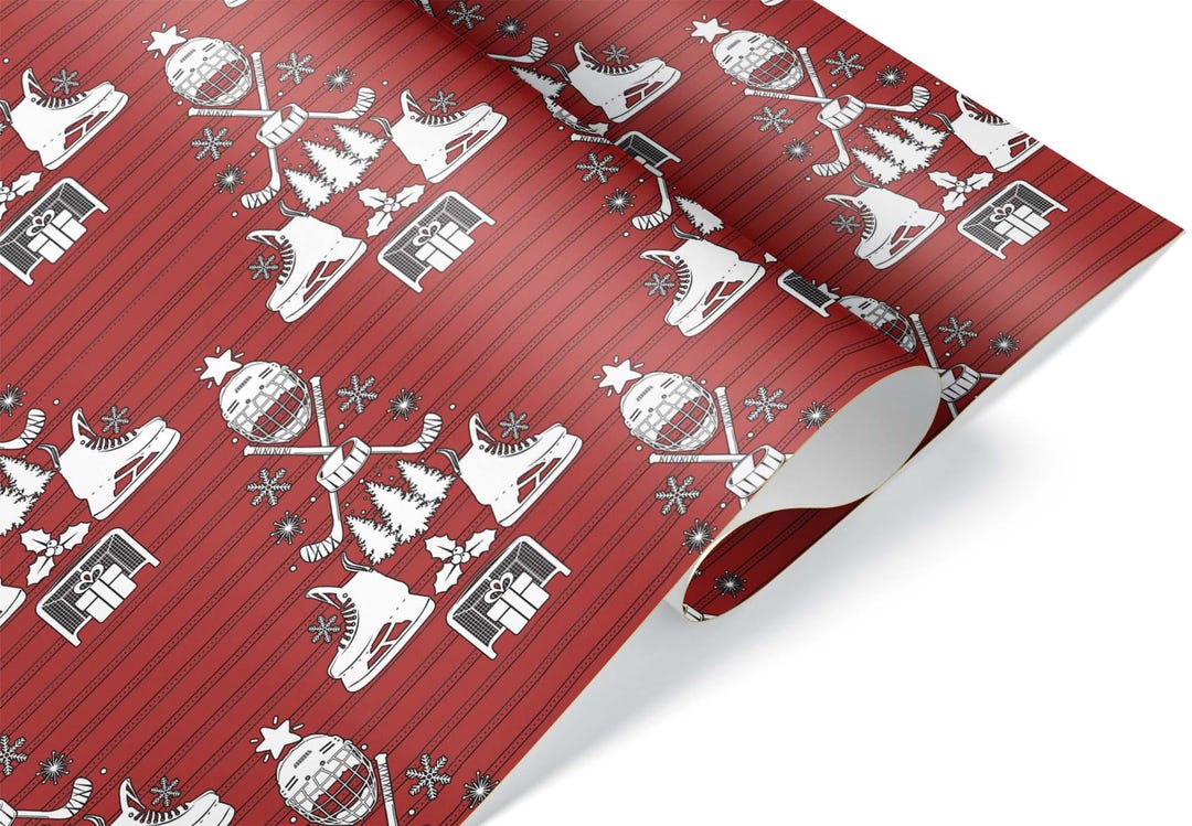 Red and White Hockey Theme Xmas Wrapping Paper, Ice Hockey Decor ...