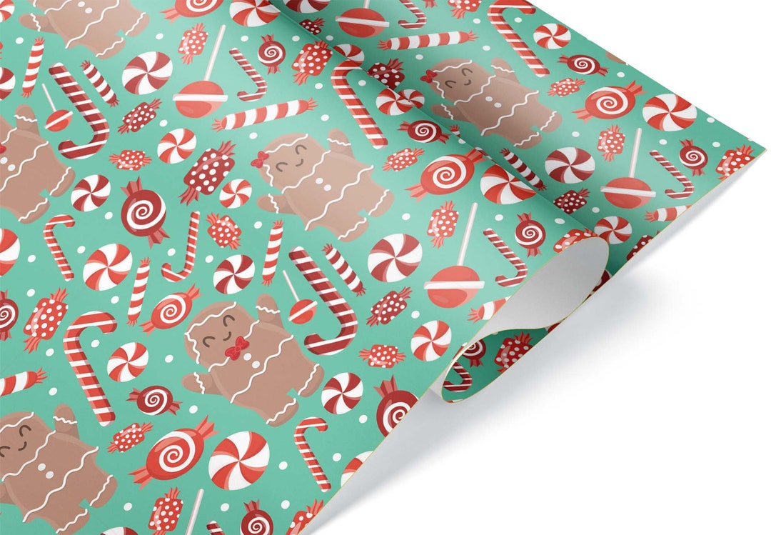 Peppermint Candy Cane Thick Wrapping Paper, Gingerbread Man Cute Xmas ...