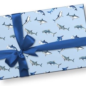 Blue Shark Gift Wrap, Ocean Wrapping Paper Roll Sheet, Sea Life ...