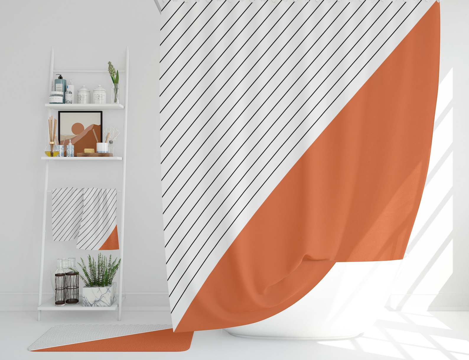 Burnt Orange Shower Curtain Striped Bath Curtain Geometric Etsy