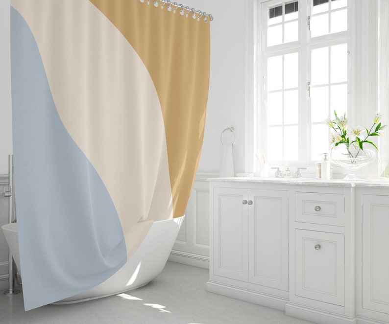 Blue Beige Mustard Shower Curtain Color Blocked Shower Curtain Etsy