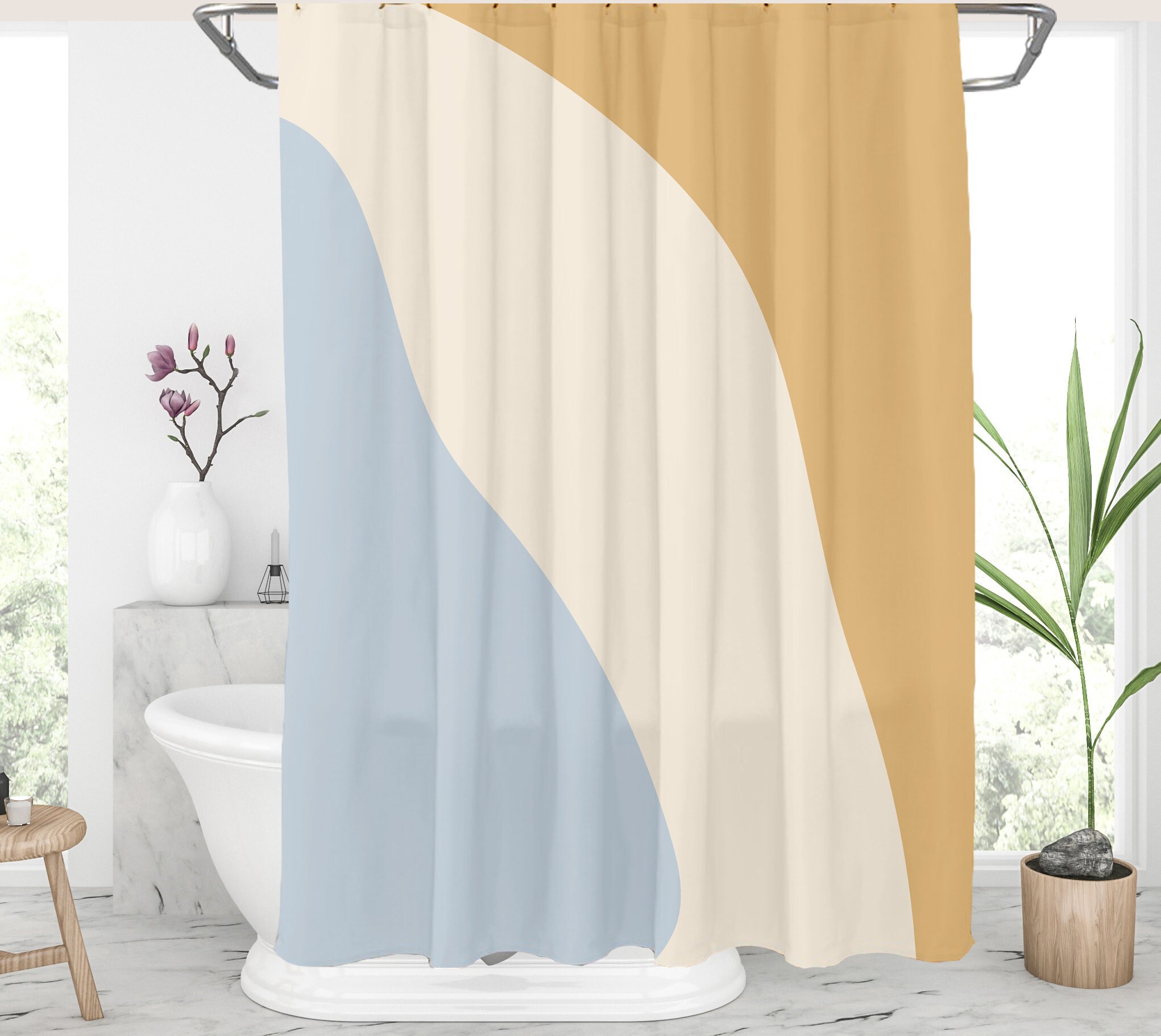 Blue Beige Mustard Shower Curtain Color Blocked Shower Curtain Etsy
