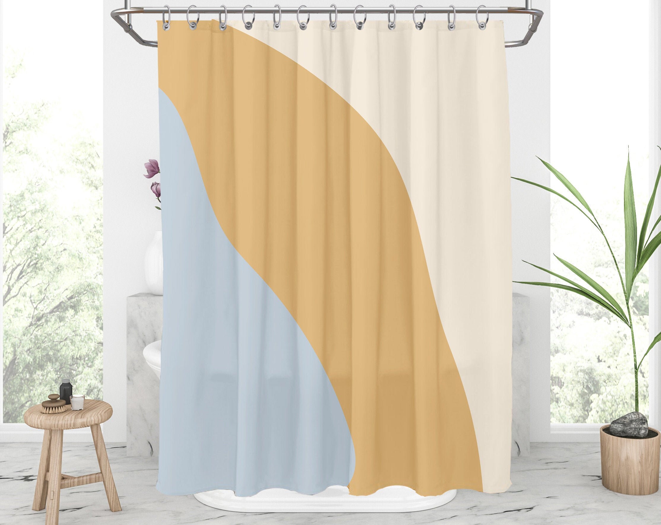 Color Blocked Shower Curtain Blue Beige And Mustard Shower Etsy
