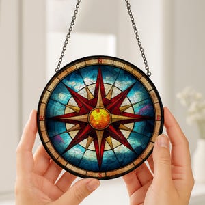 Personalized Compass Stained Glass Suncatcher – Faux Glass Window ...