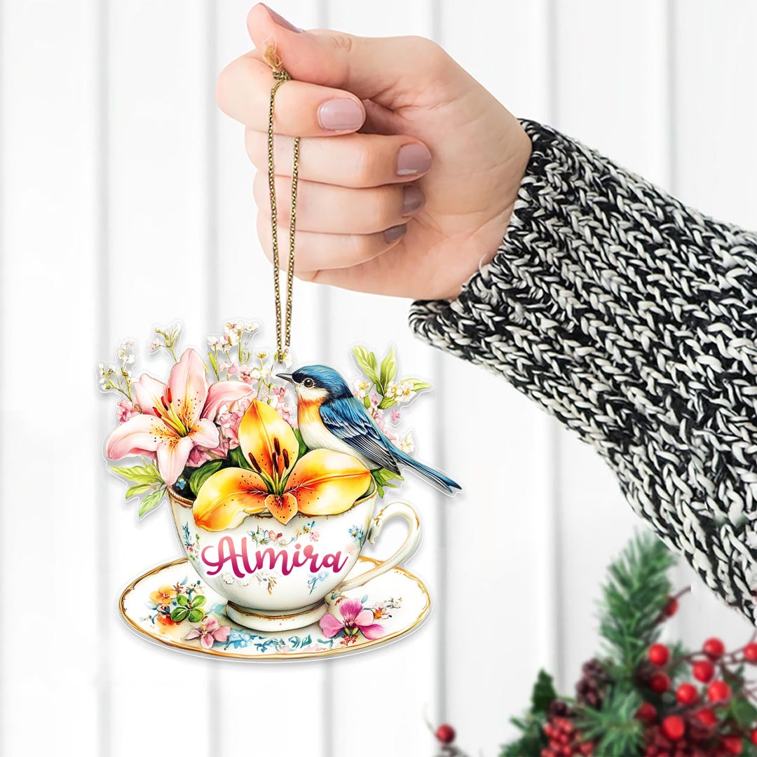 Personalized Teacup Bird Ornament – Custom Name Floral Tea Cup Gift ...