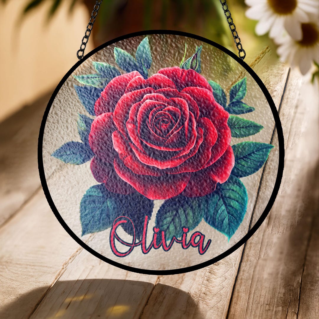 Red Rose Stained Glass Suncatcher – Romantic Acrylic Window Hanging ...