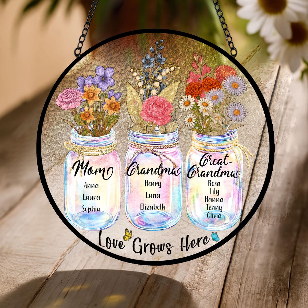Custom Birth Flower Jar Suncatcher | Mom, Grandma, Great Grandma Names ...