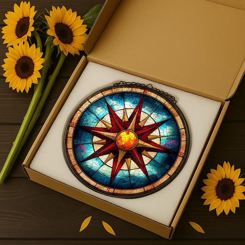Personalized Compass Stained Glass Suncatcher – Faux Glass Window ...
