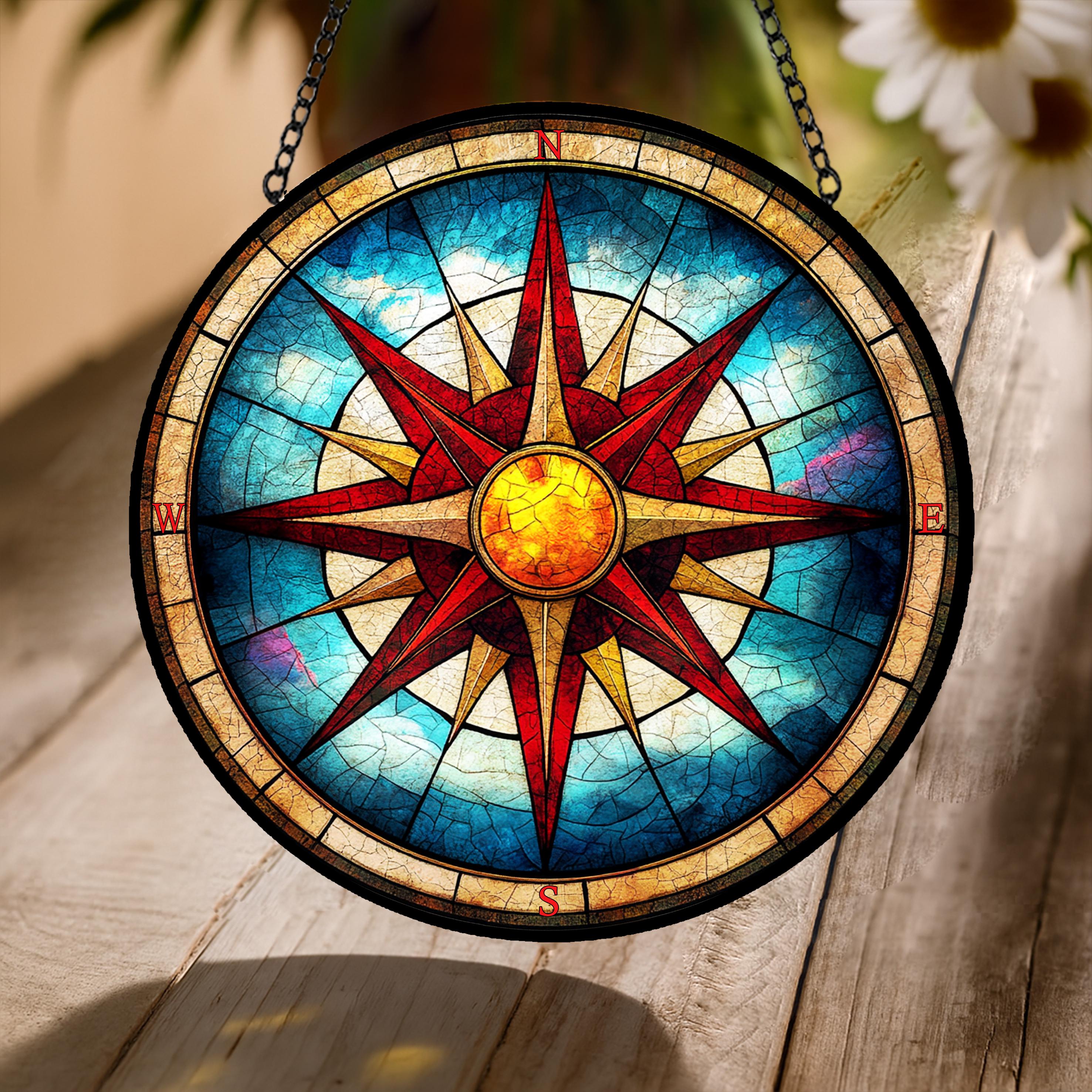 Personalized Compass Stained Glass Suncatcher – Faux Glass Window ...