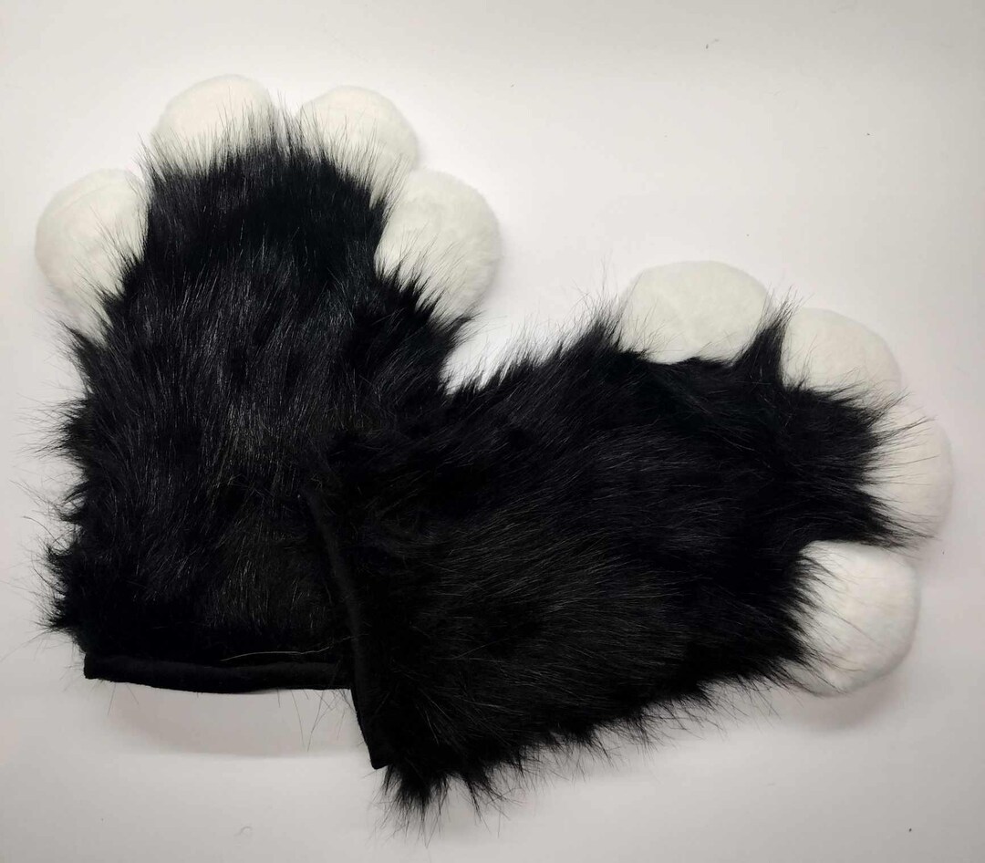 Black & White Hand Paws. Fur Suit Gloves. Fluffy Paw Gloves With Claws ...