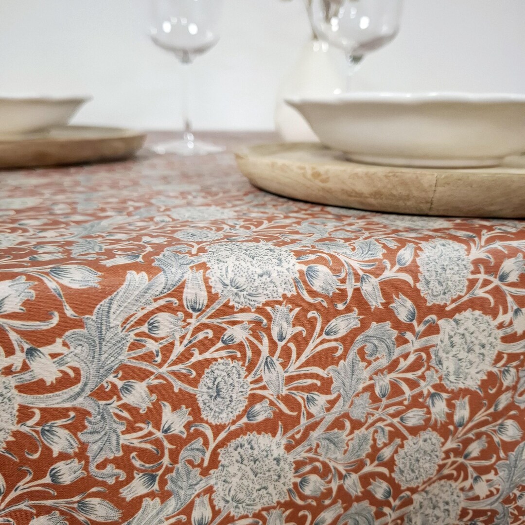 Terracotta Oilcloth Tablecloth – Blue Floral Pattern, Waterproof - Etsy