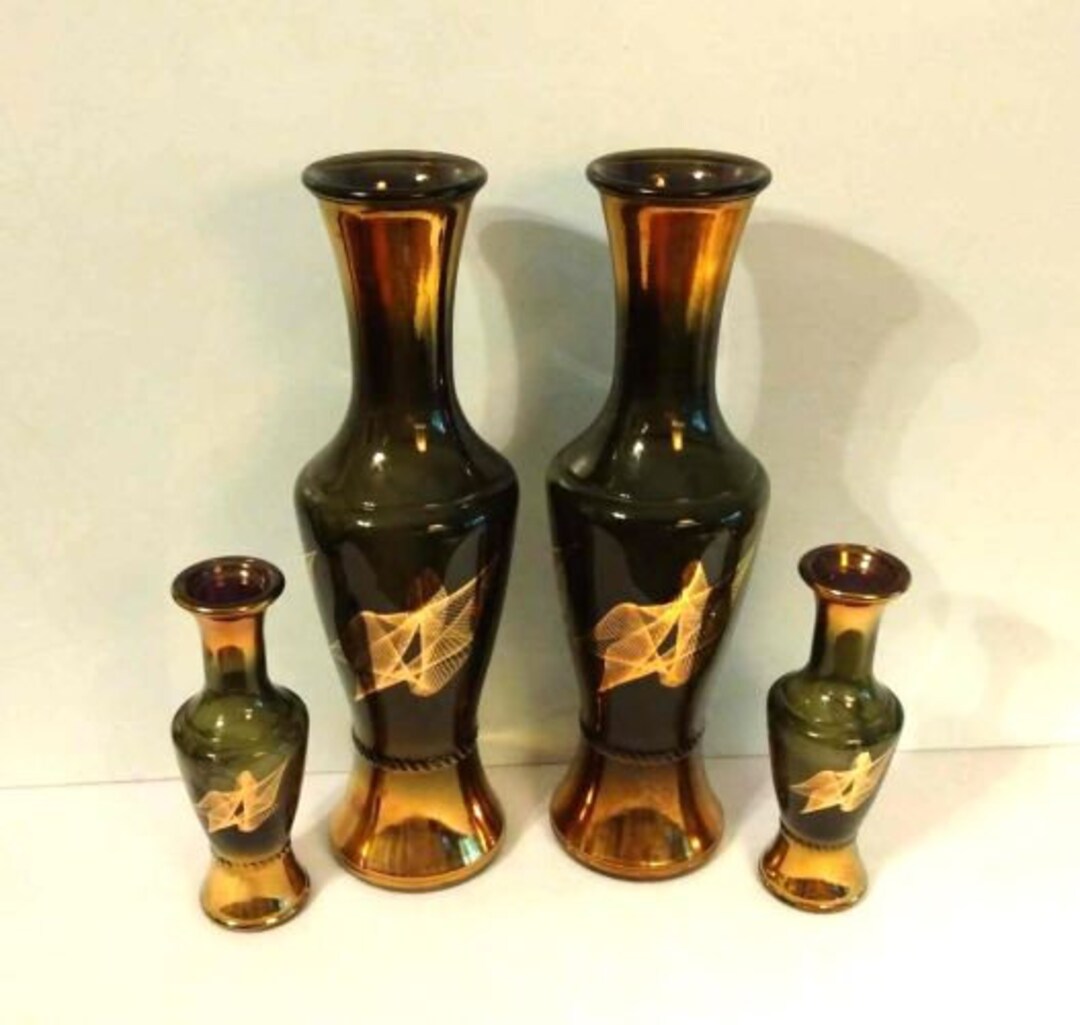 Vintage 1960s Wheatonware Set of Four Smoke Dark Green Glass Vases With ...